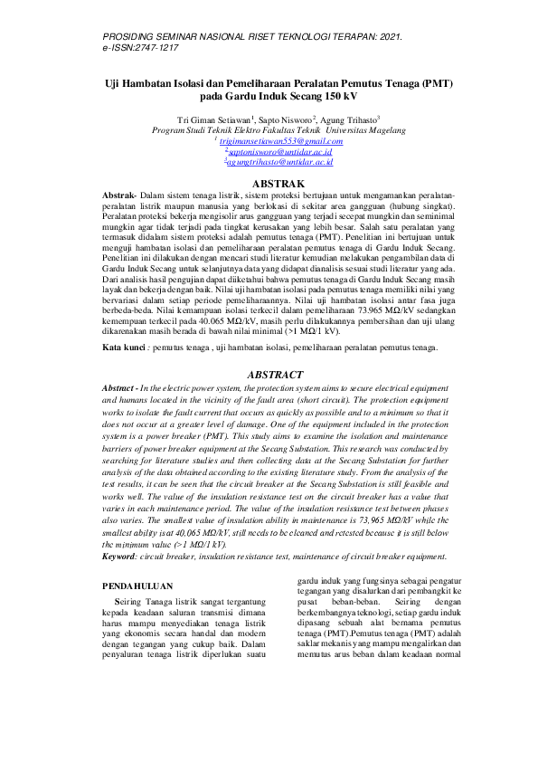 (PDF) Uji Hambatan Isolasi Dan Pemeliharaan Peralatan Pemutus Tenaga (PMT) Pada Gardu Induk ...