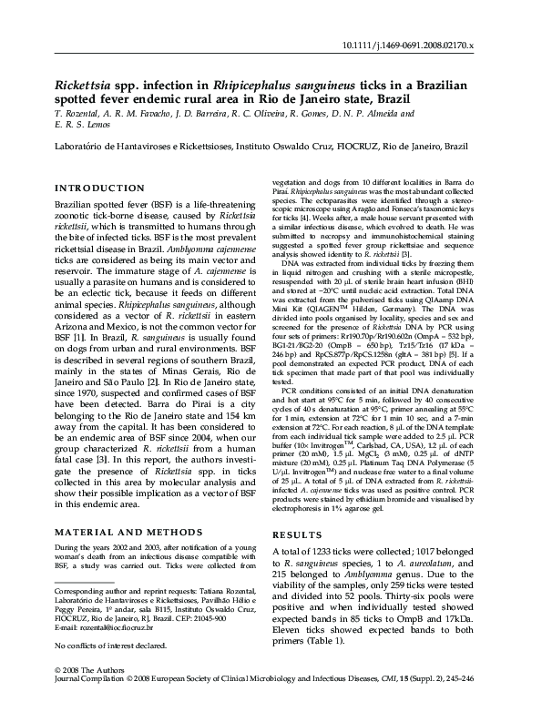 (PDF) Rickettsia spp. infection in Rhipicephalus sanguineus ticks in a ...
