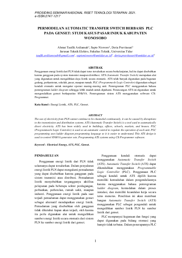 (PDF) Permodelan Automatic Transfer Switch Berbasis PLC Pada Genset: Studi Kasus Pasar Induk ...