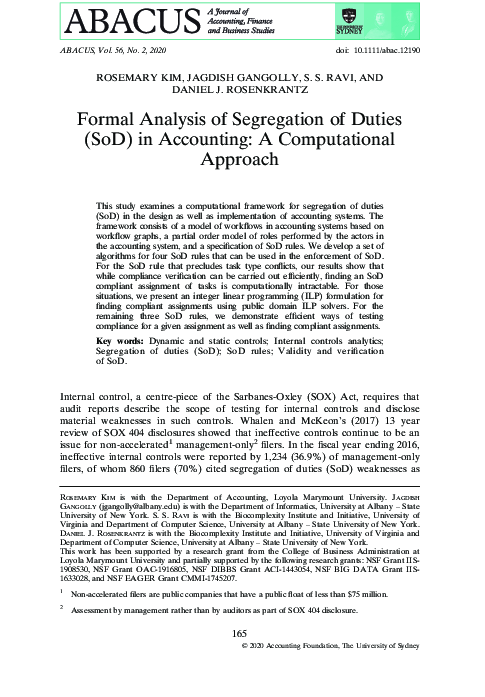 (PDF) Formal Analysis of Segregation of Duties ( SoD ) in Accounting: A Computational Approach ...