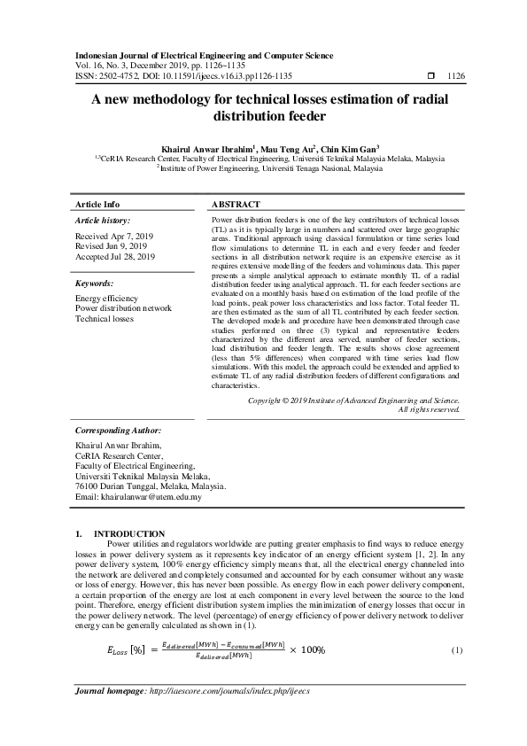 Pdf A New Methodology For Technical Losses Estimation Of Radial Distribution Feeder Mau Teng