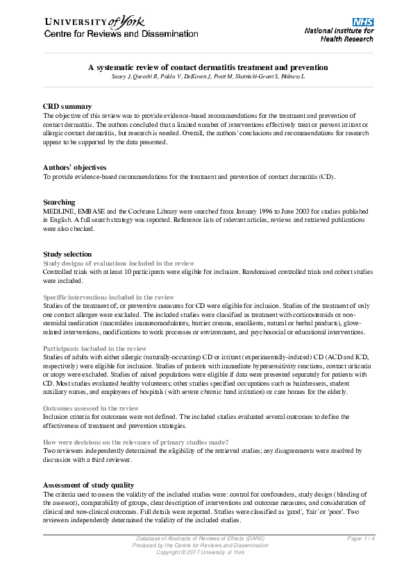 (PDF) A systematic review of contact dermatitis treatment and prevention