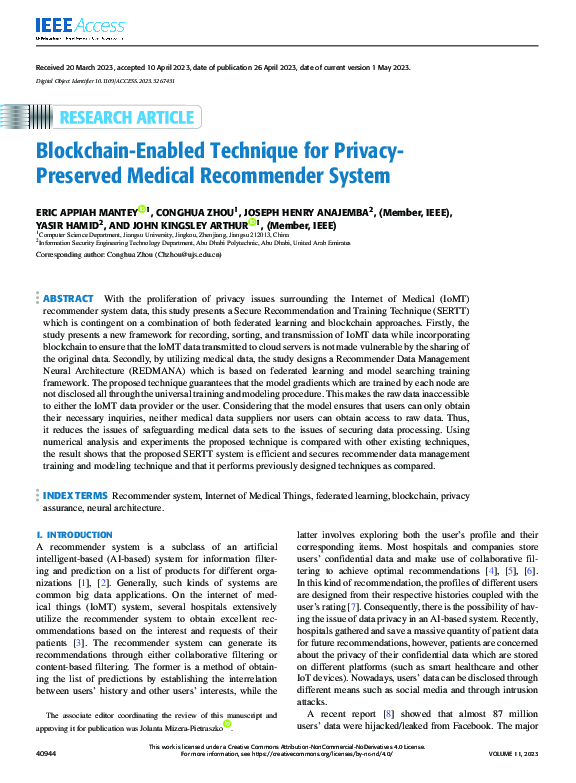 (PDF) Blockchain-Enabled Technique for Privacy- Preserved Medical Recommender System