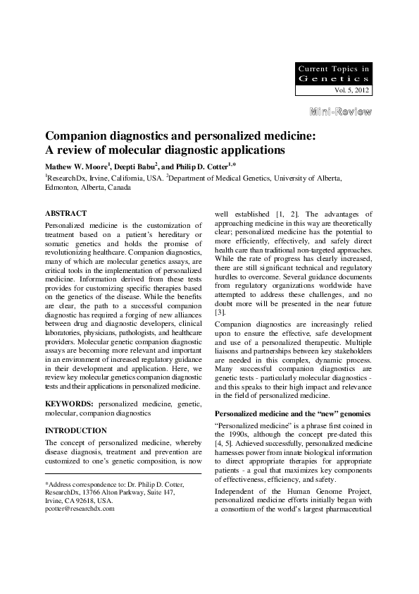 (PDF) Companion diagnostics and personalized medicine: A review of ...