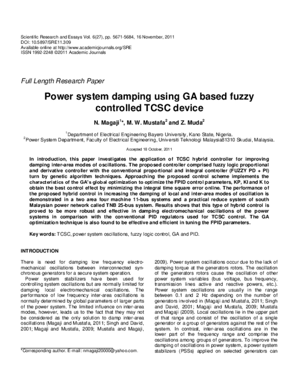 Pdf Power System Damping Using Ga Based Fuzzy Controlled Svc Device
