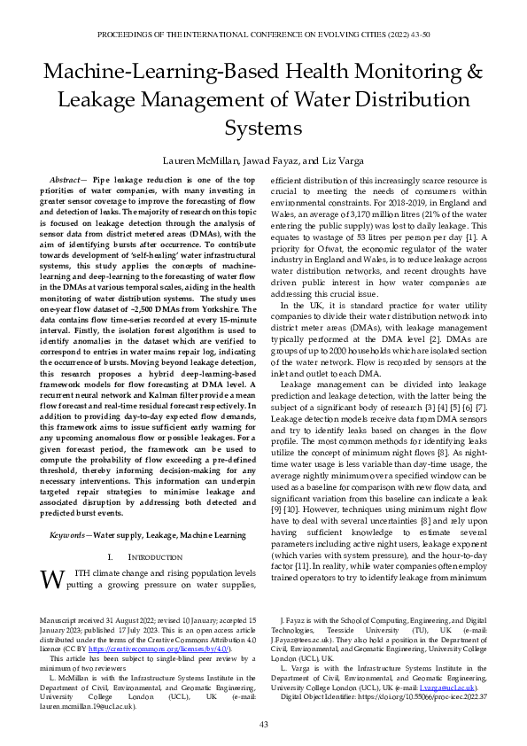 (PDF) Machine-Learning-Based Health Monitoring and Leakage Management of Water Distribution Systems