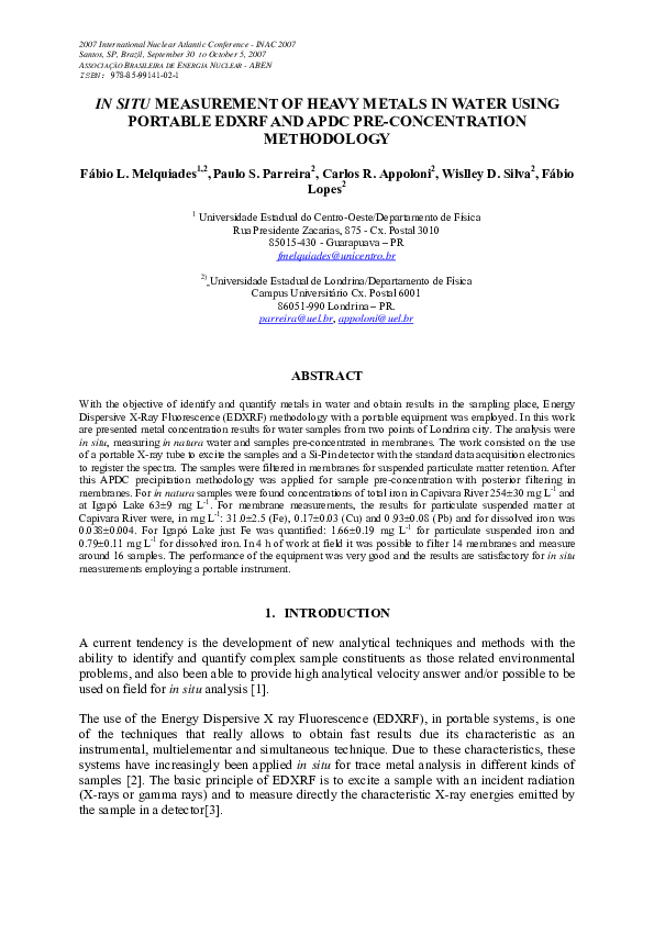 (PDF) In Situ Measurement of Heavy Metals in Water Using Portable Edxrf ...