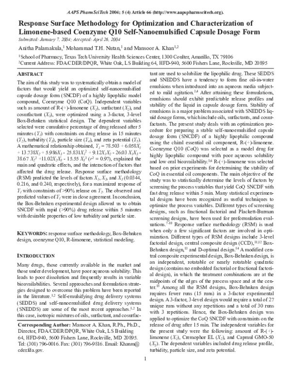 (PDF) Response surface methodology for optimization and characterization of limonene-based ...