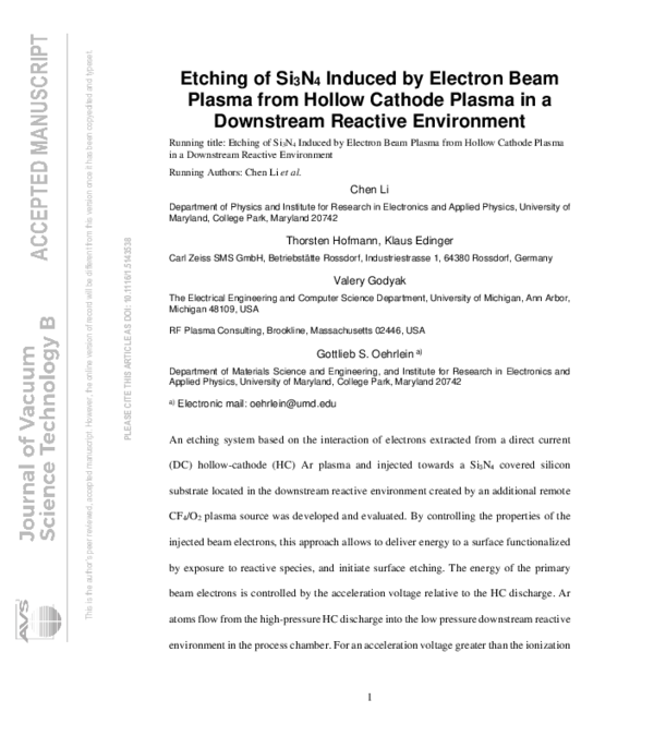 (PDF) Etching of Si 3 N 4 induced by electron beam plasma from hollow ...