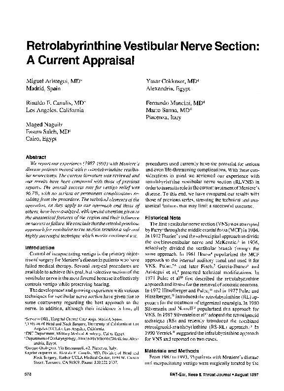 (PDF) Retrolabyrinthine Vestibular Nerve Section: A Current Appraisal