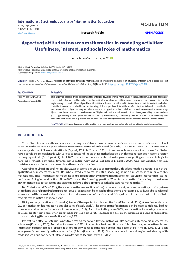 (PDF) Aspects of attitudes towards mathematics in modeling activities ...