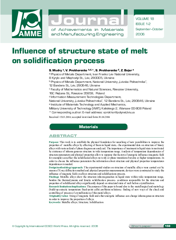 (PDF) Influence of structure state of melt on solidification process