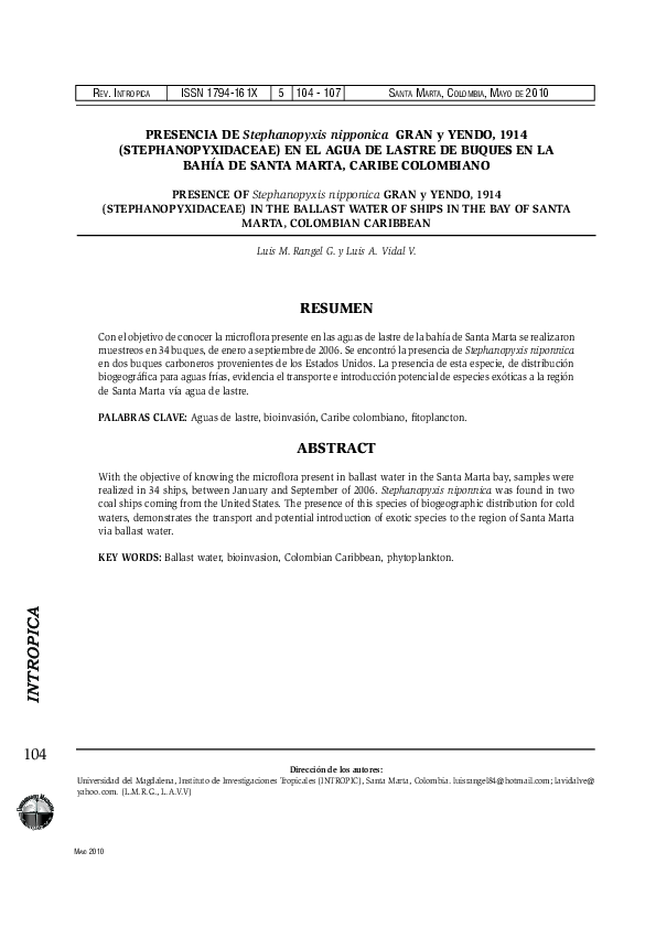 (PDF) PRESENCIA DE Stephanopyxis nipponica GRAN y YENDO, 1914 (STEPHANOPYXIDACEAE) EN EL AGUA DE ...