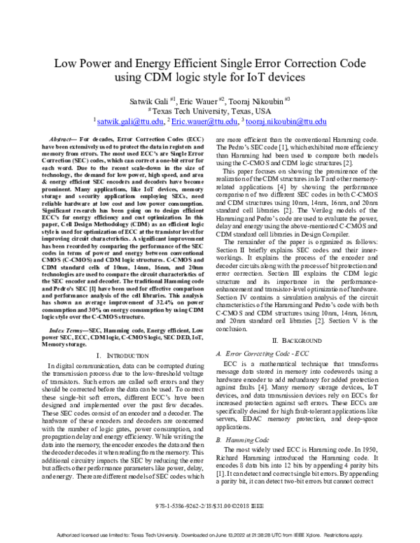 Pdf Low Power And Energy Efficient Single Error Correction Code Using Cdm Logic Style For Iot