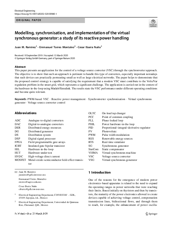 Pdf Modelling Synchronisation And Implementation Of The Virtual Synchronous Generator A