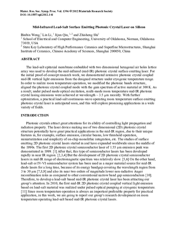 (PDF) Mid-Infrared Lead-Salt Surface Emitting Photonic Crystal Laser on ...