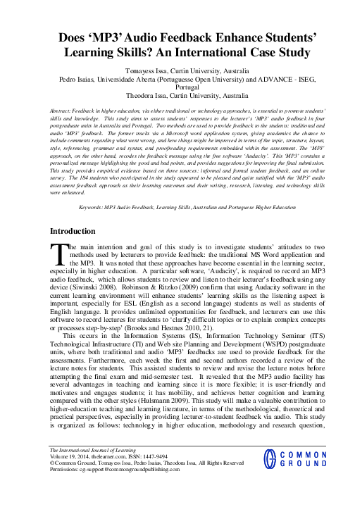 (PDF) Does MP3 Audio Feedback Enhance Student’s Learning Skills?: An ...