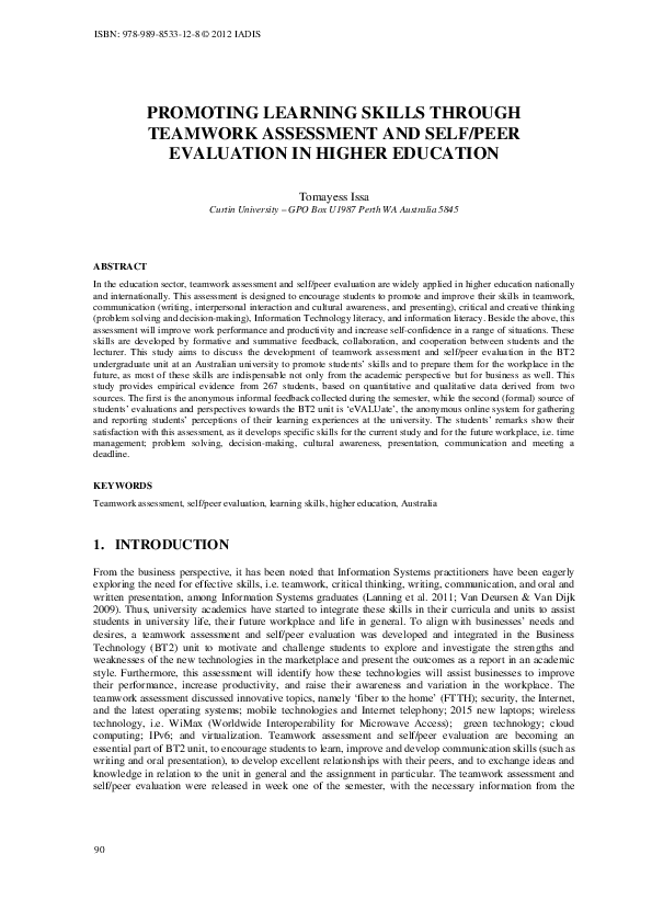 Pdf Teamwork Assessment And Self Peer Evaluation In Higher Education