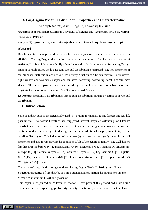 Pdf A Log Dagum Weibull Distribution Properties And Characterization
