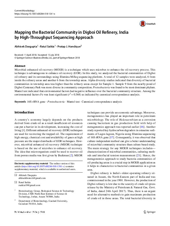 (PDF) Mapping the Bacterial Community in Digboi Oil Refinery, India by ...