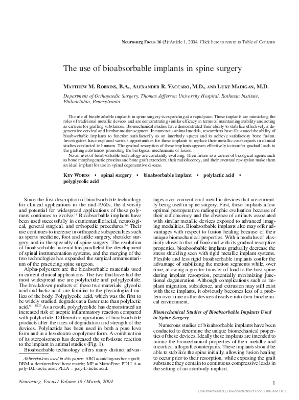 (PDF) The use of bioabsorbable implants in spine surgery | Luke Madigan ...