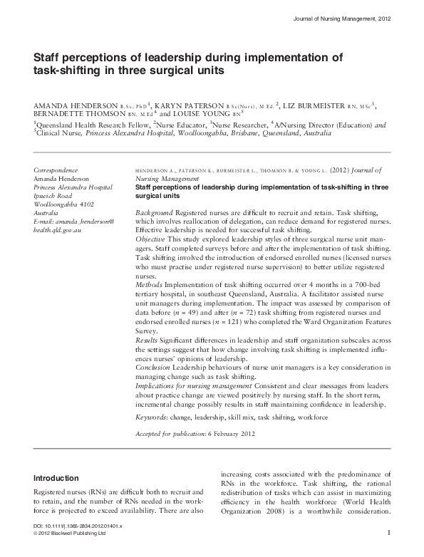 (PDF) Staff perceptions of leadership during implementation of task-shifting in three surgical units