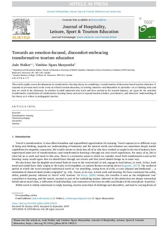 (PDF) Towards an emotion-focused, discomfort-embracing transformative tourism education