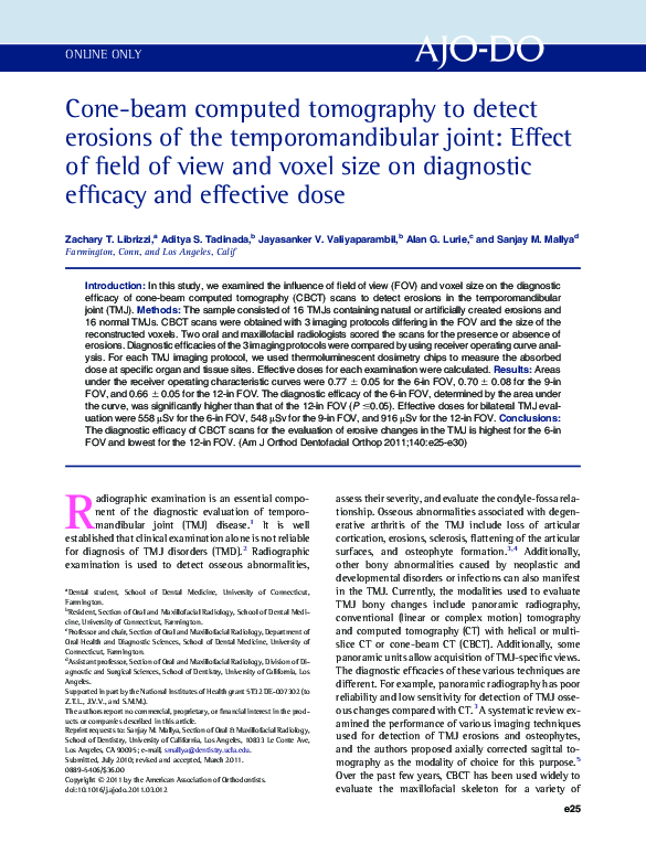 Pdf Cone Beam Computed Tomography To Detect Erosions Of The Temporomandibular Joint Effect Of