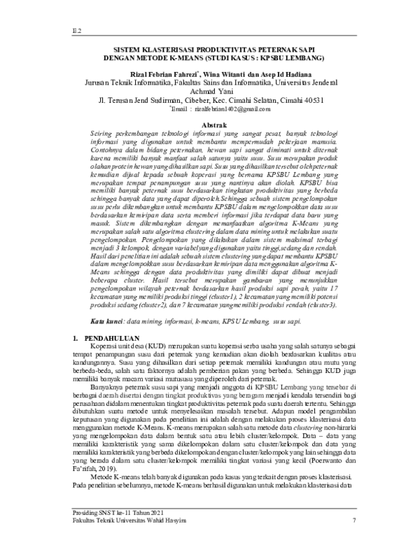 (PDF) Sistem Klasterisasi Produktivitas Peternak Sapi dengan Metode ...