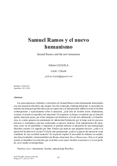 (PDF) Samuel Ramos y el nuevo humanismo