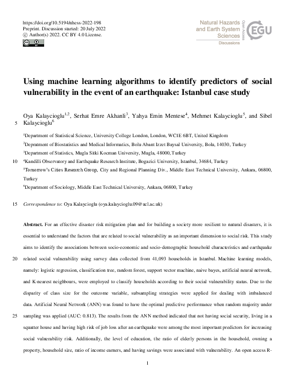 (PDF) Using machine learning algorithms to identify predictors of social vulnerability in the ...