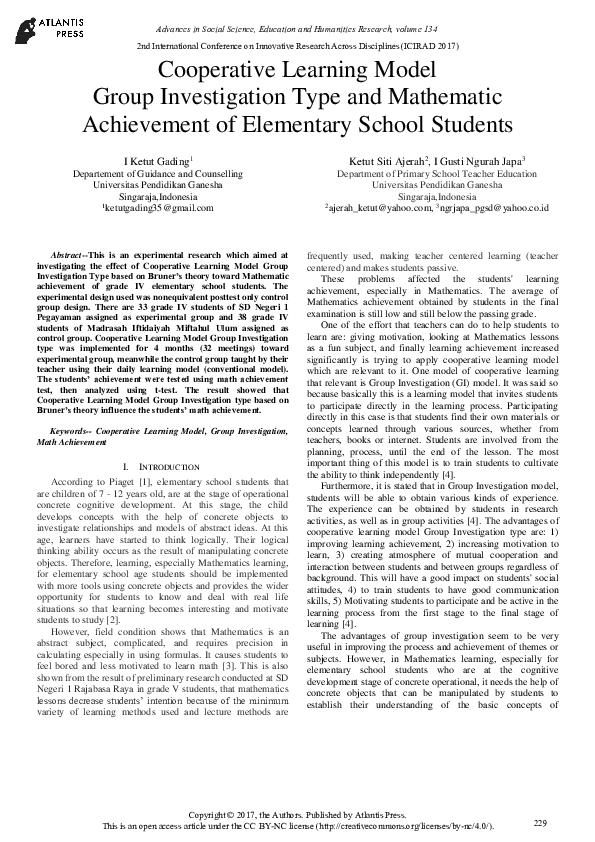 (PDF) Cooperative Learning Model Group Investigation Type and Mathematic Achievement of ...