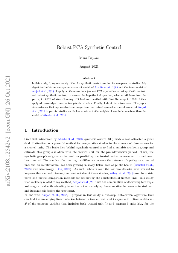 (PDF) Robust PCA Synthetic Control | mani bayani - Academia.edu