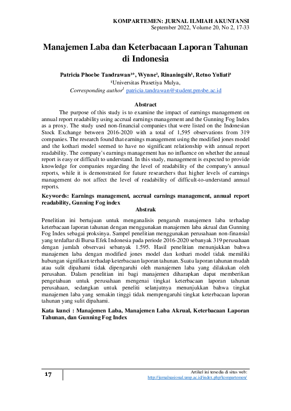 (PDF) Manajemen Laba dan Keterbacaan Laporan Tahunan di Indonesia