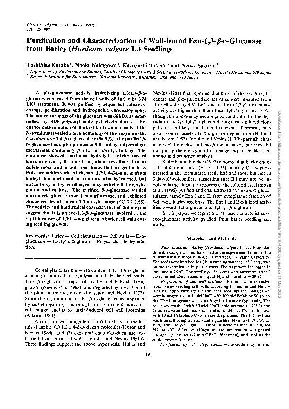 (PDF) Purification and Characterization of Wall-bound Exo-l,3- -D-Glucanase from Barley (Hordeum ...