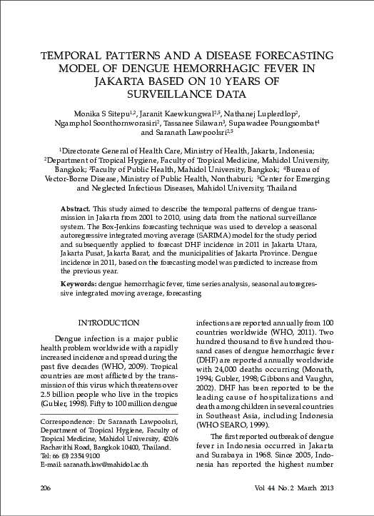 Pdf Temporal Patterns And A Disease Forecasting Model Of Dengue Hemorrhagic Fever In Jakarta
