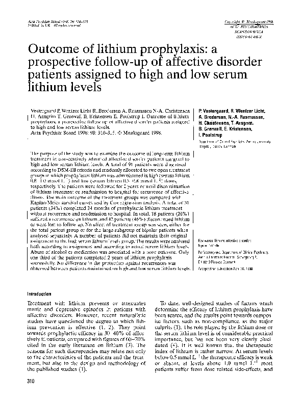 (PDF) Outcome of lithium prophylaxis: a prospective follow‐up of ...