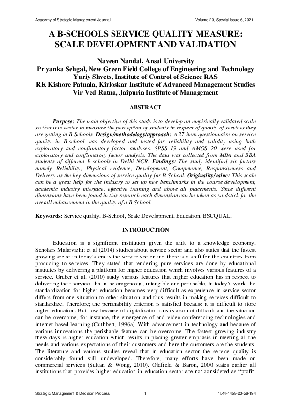 (PDF) A B-schools Service Quality Measure: Scale Development and Validation