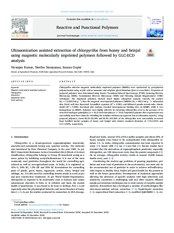 (PDF) Ultrasonication assisted extraction of chlorpyrifos from honey ...