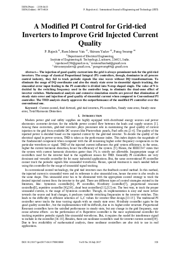 Pdf A Modified Pi Control For Grid Tied Inverters To Improve Grid