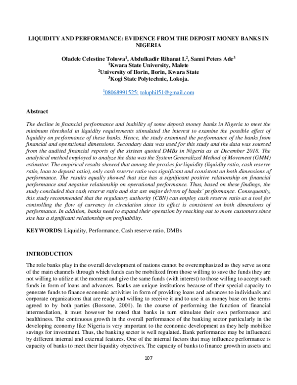 (PDF) LIQUIDITY AND PERFORMANCE: EVIDENCE FROM THE DEPOSIT MONEY BANKS ...
