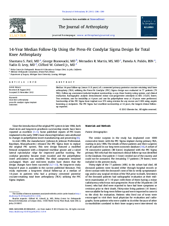 (PDF) 14-Year Median Follow-Up Using the Press-Fit Condylar Sigma ...