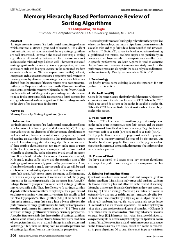 Pdf Memory Hierarchy Based Performance Review Of Sorting Algorithms