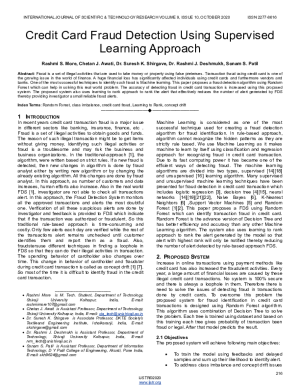 (PDF) Credit Card Fraud Detection Using Supervised Learning Approach