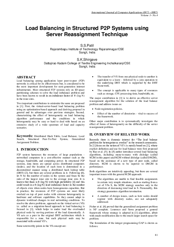 Pdf Load Balancing In Structured P2p Systems Using Server Reassignment Technique Suresh