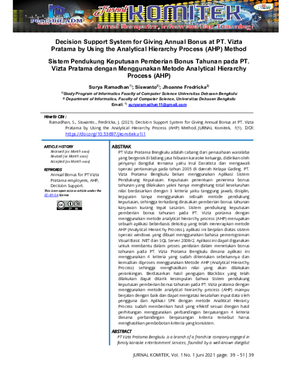 (PDF) Decision Support System for Giving Annual Bonus at PT. Vizta Pratama by Using the ...