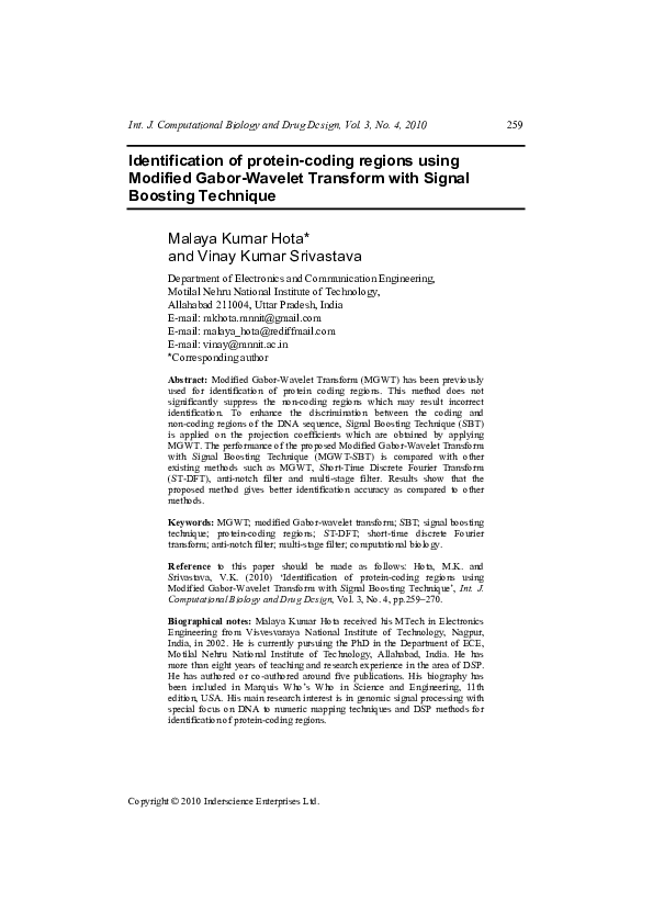Pdf Identification Of Protein Coding Regions Using Modified Gabor Wavelet Transform With