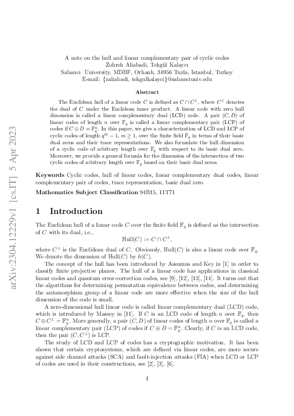 (PDF) A note on the hull and linear complementary pair of cyclic codes