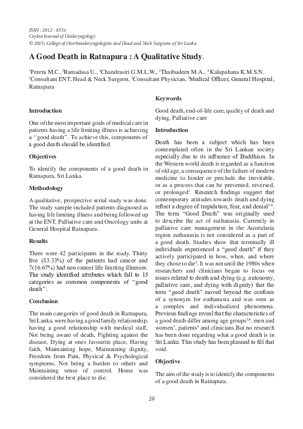 (PDF) A Good Death in Ratnapura : A Qualitative Study