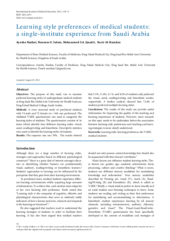 (PDF) Learning style preferences of medical students: a single-institute experience from Saudi ...